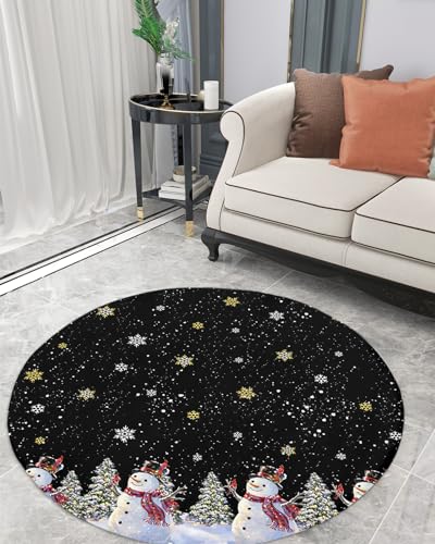 Christmas Black Fluffy Round Area Rug Carpets 3ft, Plush Shaggy Carpet Soft Circular Rugs, Non-Slip Fuzzy Accent Floor Mat for Living Room Bedroom Nursery Home Decor Snowman Gold Snowflake Xmas Tree