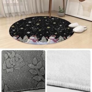 Christmas Black Fluffy Round Area Rug Carpets 3ft, Plush Shaggy Carpet Soft Circular Rugs, Non-Slip Fuzzy Accent Floor Mat for Living Room Bedroom Nursery Home Decor Snowman Gold Snowflake Xmas Tree