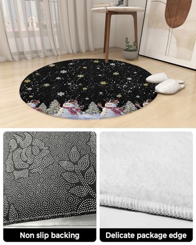 Christmas Black Fluffy Round Area Rug Carpets 3ft, Plush Shaggy Carpet Soft Circular Rugs, Non-Slip Fuzzy Accent Floor Mat for Living Room Bedroom Nursery Home Decor Snowman Gold Snowflake Xmas Tree