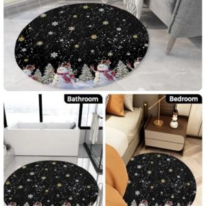 Christmas Black Fluffy Round Area Rug Carpets 3ft, Plush Shaggy Carpet Soft Circular Rugs, Non-Slip Fuzzy Accent Floor Mat for Living Room Bedroom Nursery Home Decor Snowman Gold Snowflake Xmas Tree