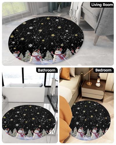 Christmas Black Fluffy Round Area Rug Carpets 3ft, Plush Shaggy Carpet Soft Circular Rugs, Non-Slip Fuzzy Accent Floor Mat for Living Room Bedroom Nursery Home Decor Snowman Gold Snowflake Xmas Tree