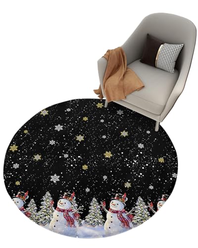 Christmas Black Fluffy Round Area Rug Carpets 3ft, Plush Shaggy Carpet Soft Circular Rugs, Non-Slip Fuzzy Accent Floor Mat for Living Room Bedroom Nursery Home Decor Snowman Gold Snowflake Xmas Tree