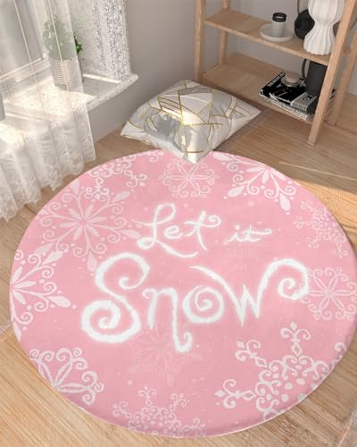 Pink Snowflake Fluffy Round Area Rug Carpets 3.3ft, Plush Shaggy Carpet Soft Circular Rugs, Non-Slip Fuzzy Accent Floor Mat for Living Room Bedroom Nursery Decor Merry Christmas Fantasy Winter Holiday