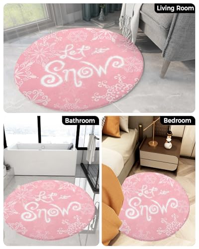 Pink Snowflake Fluffy Round Area Rug Carpets 3.3ft, Plush Shaggy Carpet Soft Circular Rugs, Non-Slip Fuzzy Accent Floor Mat for Living Room Bedroom Nursery Decor Merry Christmas Fantasy Winter Holiday