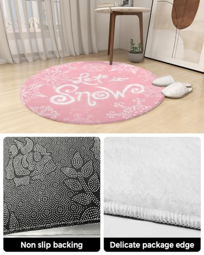 Pink Snowflake Fluffy Round Area Rug Carpets 3.3ft, Plush Shaggy Carpet Soft Circular Rugs, Non-Slip Fuzzy Accent Floor Mat for Living Room Bedroom Nursery Decor Merry Christmas Fantasy Winter Holiday