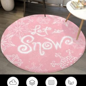 Pink Snowflake Fluffy Round Area Rug Carpets 3.3ft, Plush Shaggy Carpet Soft Circular Rugs, Non-Slip Fuzzy Accent Floor Mat for Living Room Bedroom Nursery Decor Merry Christmas Fantasy Winter Holiday