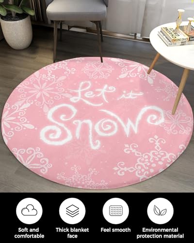 Pink Snowflake Fluffy Round Area Rug Carpets 3.3ft, Plush Shaggy Carpet Soft Circular Rugs, Non-Slip Fuzzy Accent Floor Mat for Living Room Bedroom Nursery Decor Merry Christmas Fantasy Winter Holiday