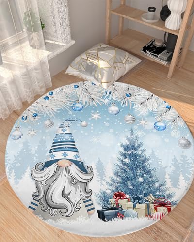 Christmas Fluffy Round Area Rug Carpets 5ft, Plush Shaggy Carpet Soft Circular Rugs, Non-Slip Fuzzy Accent Floor Mat for Living Room Bedroom Nursery Home Decor Winter Gnomes Xmas Silver Tree Pine Blue