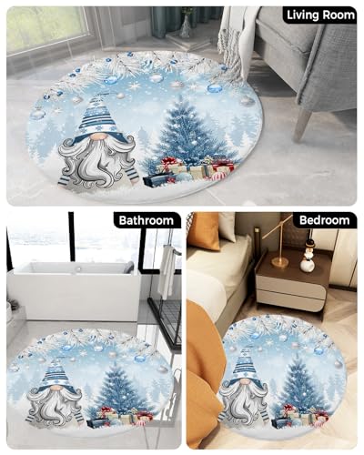 Christmas Fluffy Round Area Rug Carpets 5ft, Plush Shaggy Carpet Soft Circular Rugs, Non-Slip Fuzzy Accent Floor Mat for Living Room Bedroom Nursery Home Decor Winter Gnomes Xmas Silver Tree Pine Blue