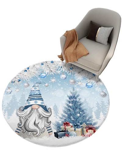 Christmas Fluffy Round Area Rug Carpets 5ft, Plush Shaggy Carpet Soft Circular Rugs, Non-Slip Fuzzy Accent Floor Mat for Living Room Bedroom Nursery Home Decor Winter Gnomes Xmas Silver Tree Pine Blue