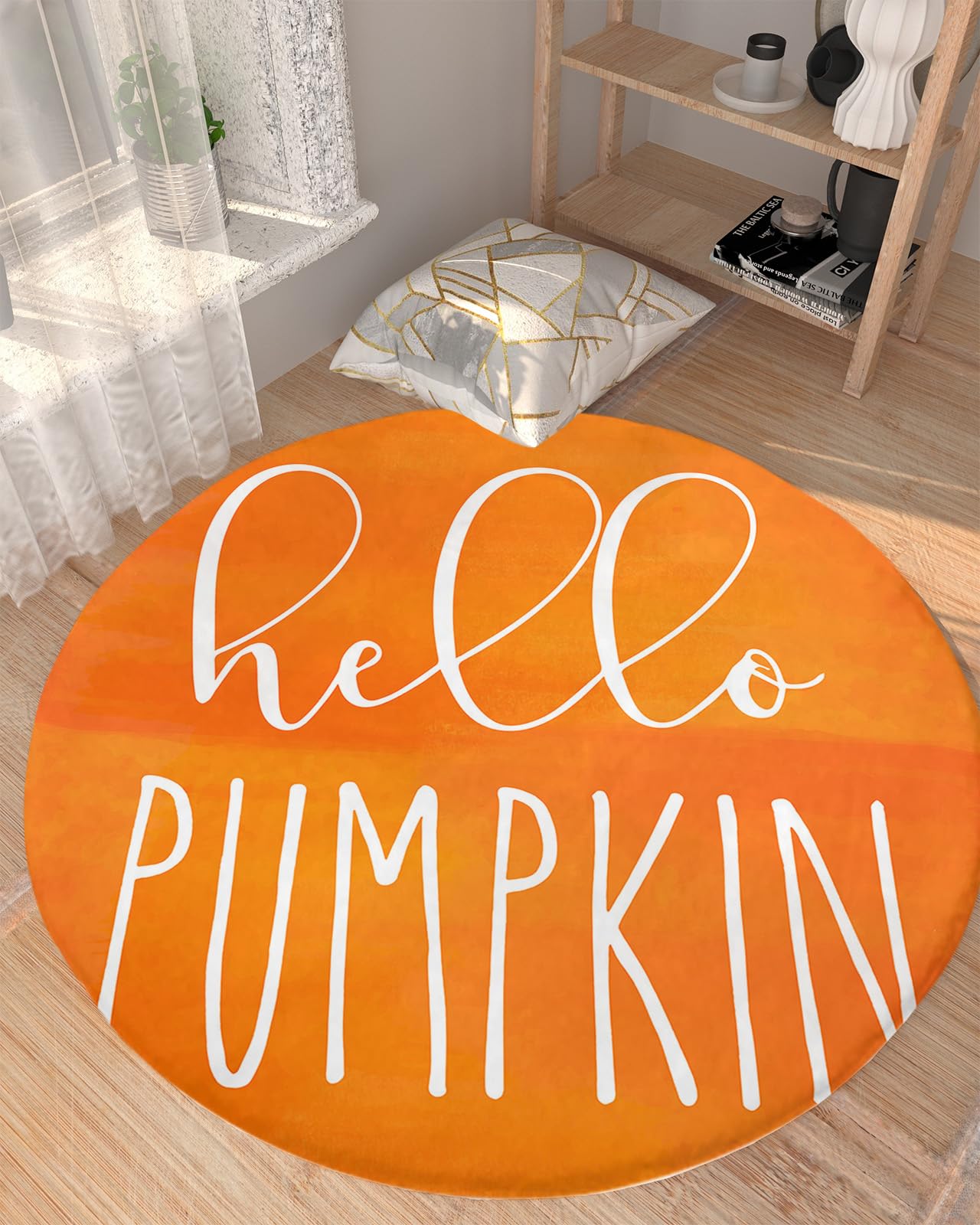 Thanksgiving Fluffy Round Area Rug Carpets 3ft, Plush Shaggy Carpet Soft Circular Rugs, Non-Slip Fuzzy Accent Floor Mat for Living Room Bedroom Nursery Home Decor Burnt Orange Pumpkin Festival