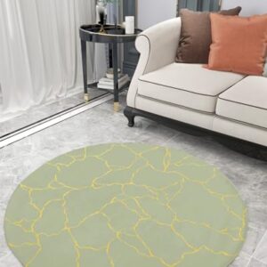 Sage Green Fluffy Round Area Rug Carpets 3.3ft, Plush Shaggy Carpet Soft Circular Rugs, Non-Slip Fuzzy Accent Floor Mat for Living Room Bedroom Nursery Decor Gold Geometric Line Country Rustic Art