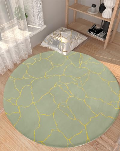 Sage Green Fluffy Round Area Rug Carpets 3.3ft, Plush Shaggy Carpet Soft Circular Rugs, Non-Slip Fuzzy Accent Floor Mat for Living Room Bedroom Nursery Decor Gold Geometric Line Country Rustic Art