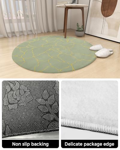 Sage Green Fluffy Round Area Rug Carpets 3.3ft, Plush Shaggy Carpet Soft Circular Rugs, Non-Slip Fuzzy Accent Floor Mat for Living Room Bedroom Nursery Decor Gold Geometric Line Country Rustic Art