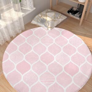 Morocco Pink Fluffy Round Area Rug Carpets 5ft,Plush Shaggy Carpet Soft Circular Rugs,Non-Slip Fuzzy Accent Floor Mat for Living Room Bedroom Nursery Home Decor Geometric Minimalist Boho Indian Print