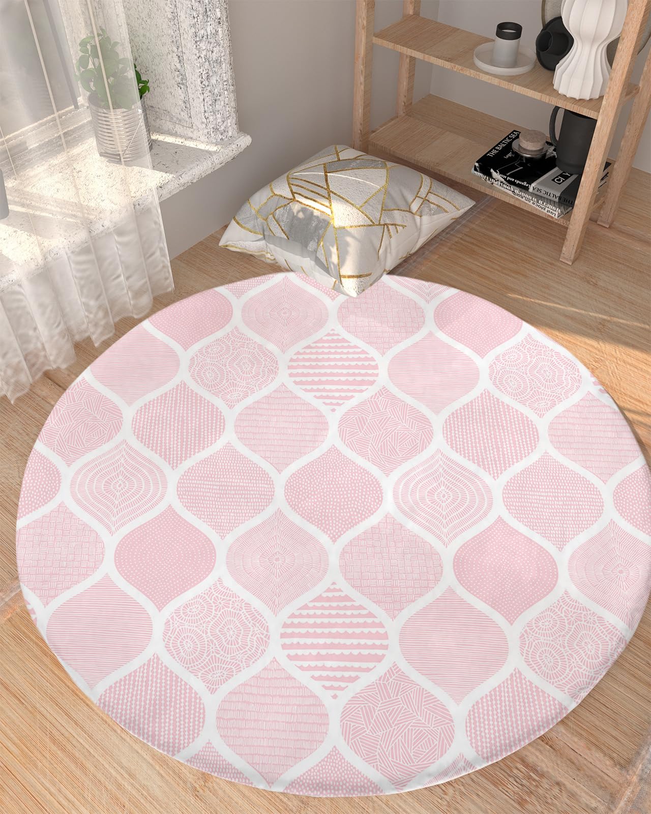 Morocco Pink Fluffy Round Area Rug Carpets 5ft,Plush Shaggy Carpet Soft Circular Rugs,Non-Slip Fuzzy Accent Floor Mat for Living Room Bedroom Nursery Home Decor Geometric Minimalist Boho Indian Print