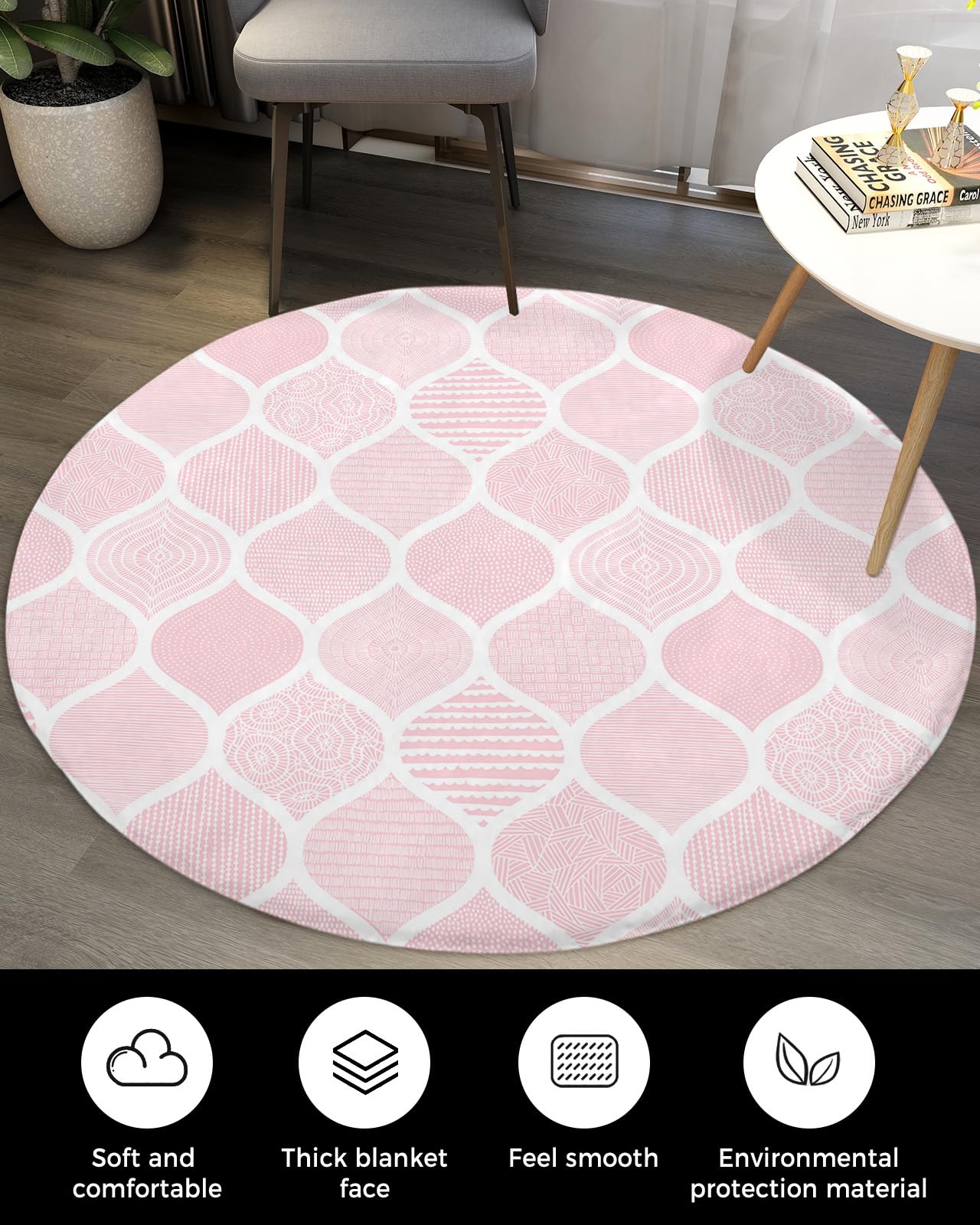 Morocco Pink Fluffy Round Area Rug Carpets 5ft,Plush Shaggy Carpet Soft Circular Rugs,Non-Slip Fuzzy Accent Floor Mat for Living Room Bedroom Nursery Home Decor Geometric Minimalist Boho Indian Print