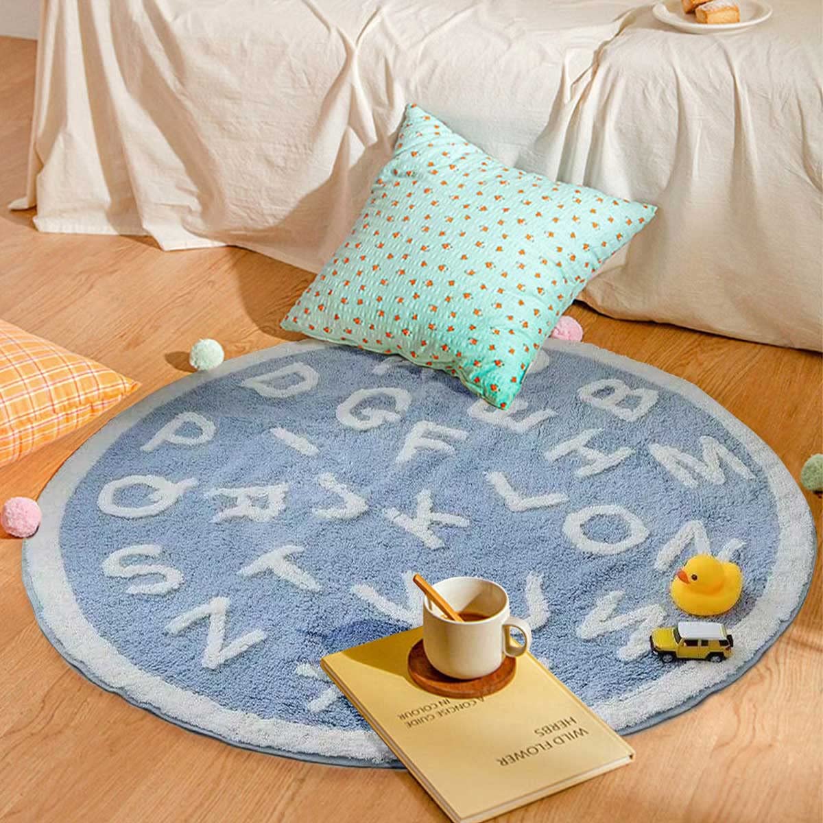 4.6ft ABC Alphabet Round Rug for Kids Playroom Bedroom Soft Plush Washable Non-Slip Children Educational Learning Nursery Rug Baby Crawling Mat Floor Carpet for Kids Baby Toddlers, Blue