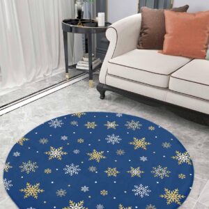 Navy Gold Snowflake Fluffy Round Area Rug Carpets 3.3ft, Plush Shaggy Carpet Soft Circular Rugs, Non-Slip Fuzzy Accent Floor Mat for Living Room Bedroom Nursery Decor Christmas Minimalist White Blue