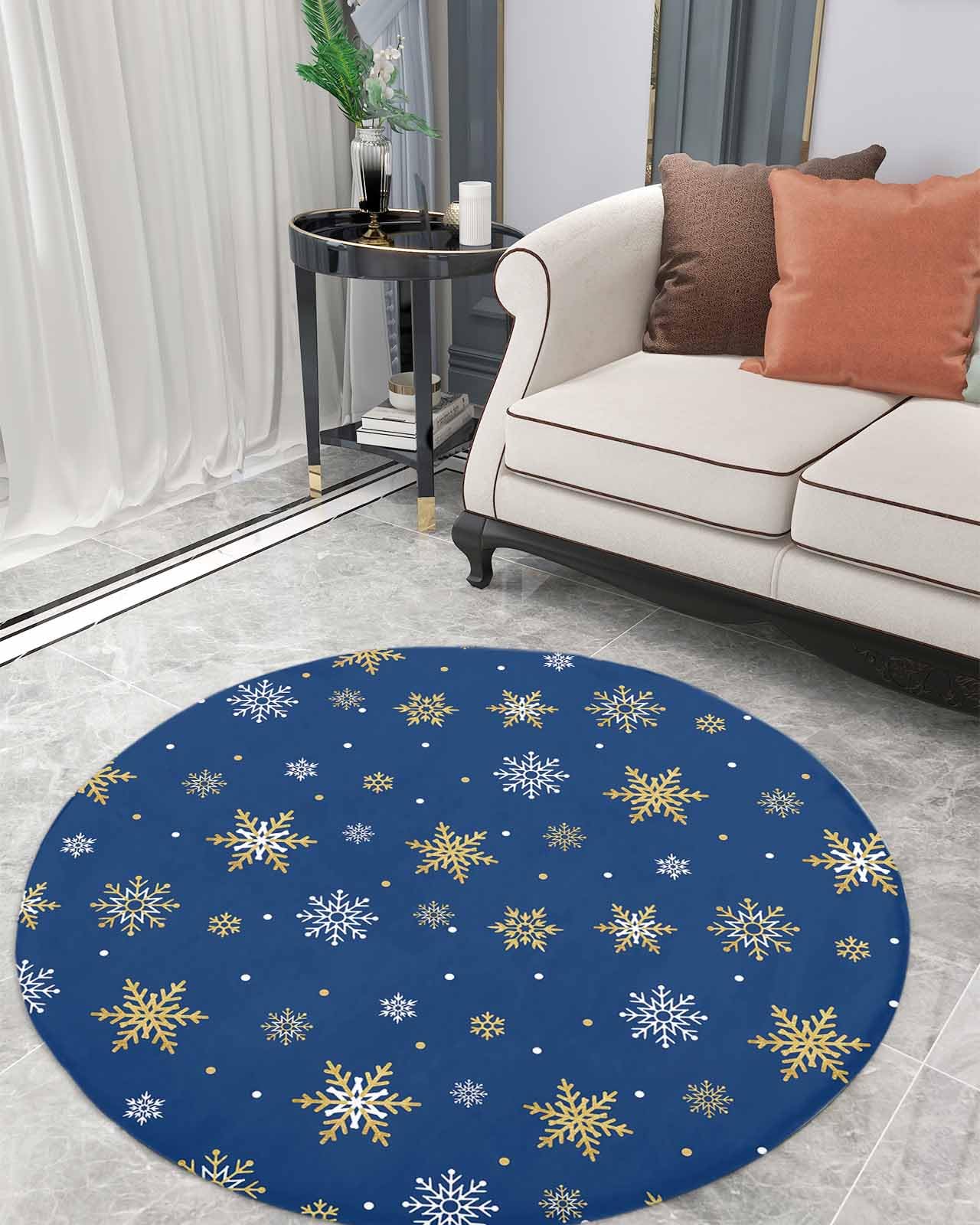 Navy Gold Snowflake Fluffy Round Area Rug Carpets 3.3ft, Plush Shaggy Carpet Soft Circular Rugs, Non-Slip Fuzzy Accent Floor Mat for Living Room Bedroom Nursery Decor Christmas Minimalist White Blue