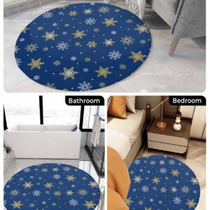 Navy Gold Snowflake Fluffy Round Area Rug Carpets 3.3ft, Plush Shaggy Carpet Soft Circular Rugs, Non-Slip Fuzzy Accent Floor Mat for Living Room Bedroom Nursery Decor Christmas Minimalist White Blue