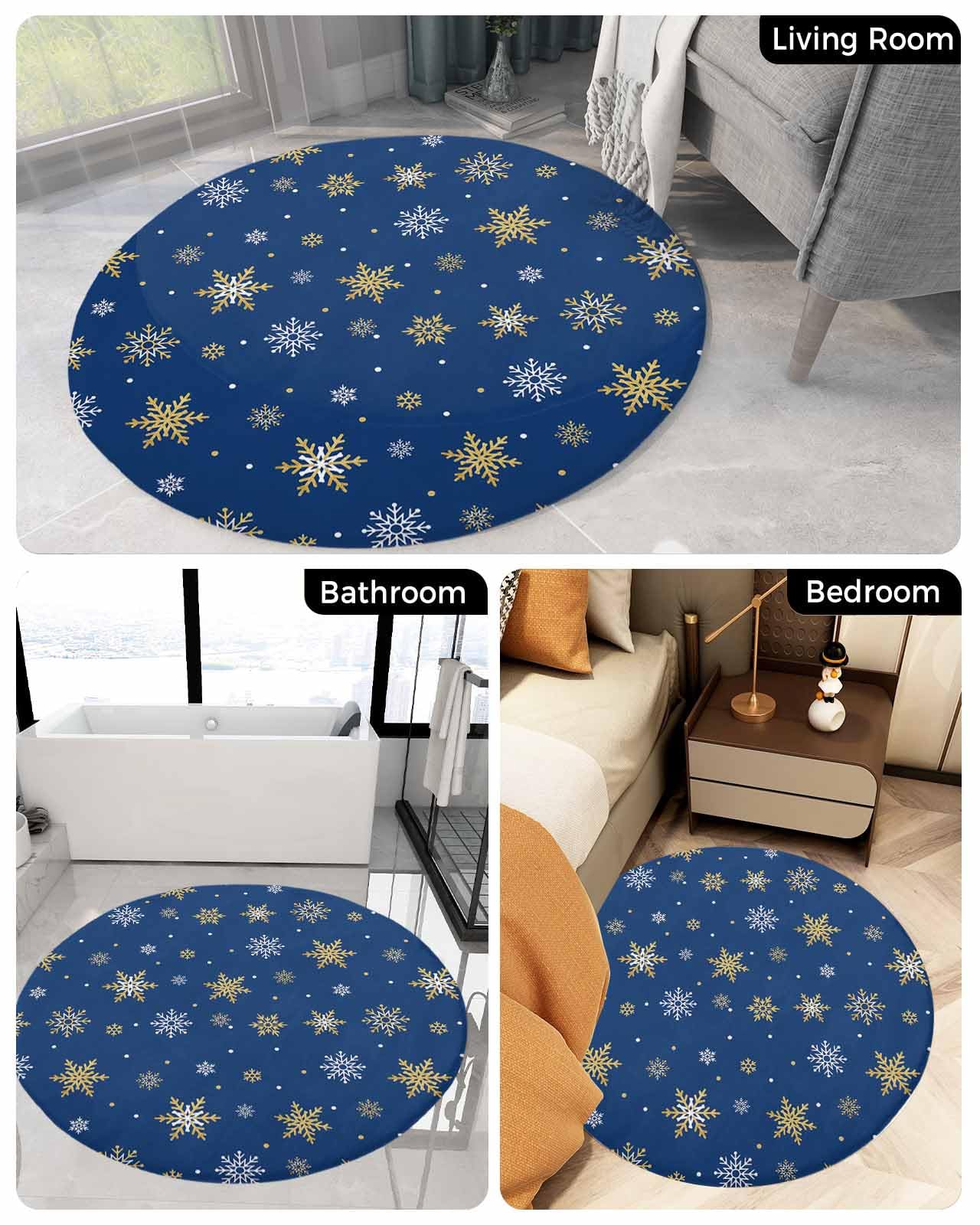 Navy Gold Snowflake Fluffy Round Area Rug Carpets 3.3ft, Plush Shaggy Carpet Soft Circular Rugs, Non-Slip Fuzzy Accent Floor Mat for Living Room Bedroom Nursery Decor Christmas Minimalist White Blue