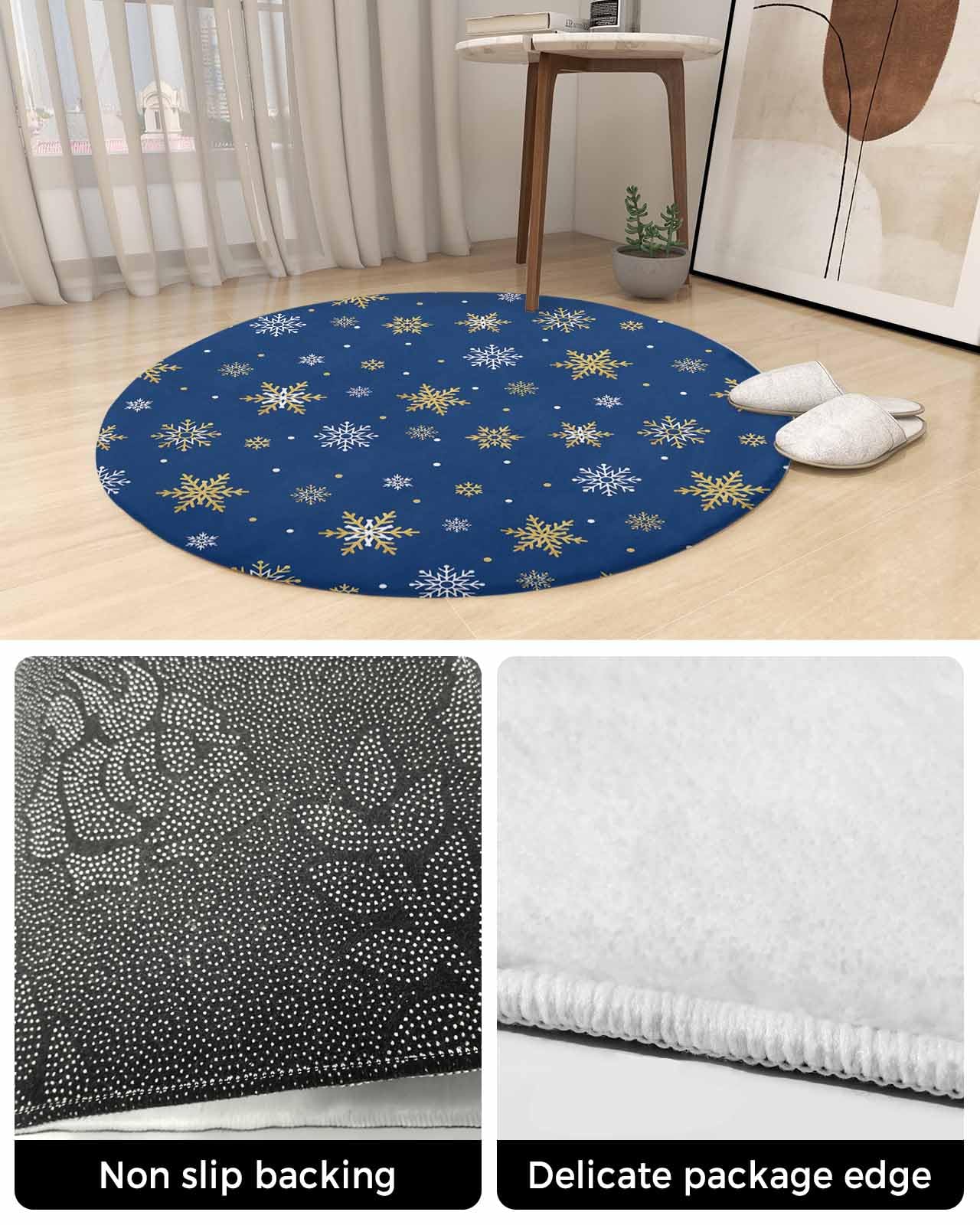 Navy Gold Snowflake Fluffy Round Area Rug Carpets 3.3ft, Plush Shaggy Carpet Soft Circular Rugs, Non-Slip Fuzzy Accent Floor Mat for Living Room Bedroom Nursery Decor Christmas Minimalist White Blue