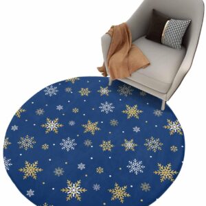 Navy Gold Snowflake Fluffy Round Area Rug Carpets 3.3ft, Plush Shaggy Carpet Soft Circular Rugs, Non-Slip Fuzzy Accent Floor Mat for Living Room Bedroom Nursery Decor Christmas Minimalist White Blue