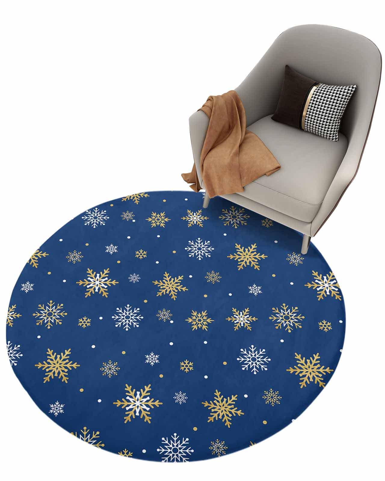 Navy Gold Snowflake Fluffy Round Area Rug Carpets 3.3ft, Plush Shaggy Carpet Soft Circular Rugs, Non-Slip Fuzzy Accent Floor Mat for Living Room Bedroom Nursery Decor Christmas Minimalist White Blue