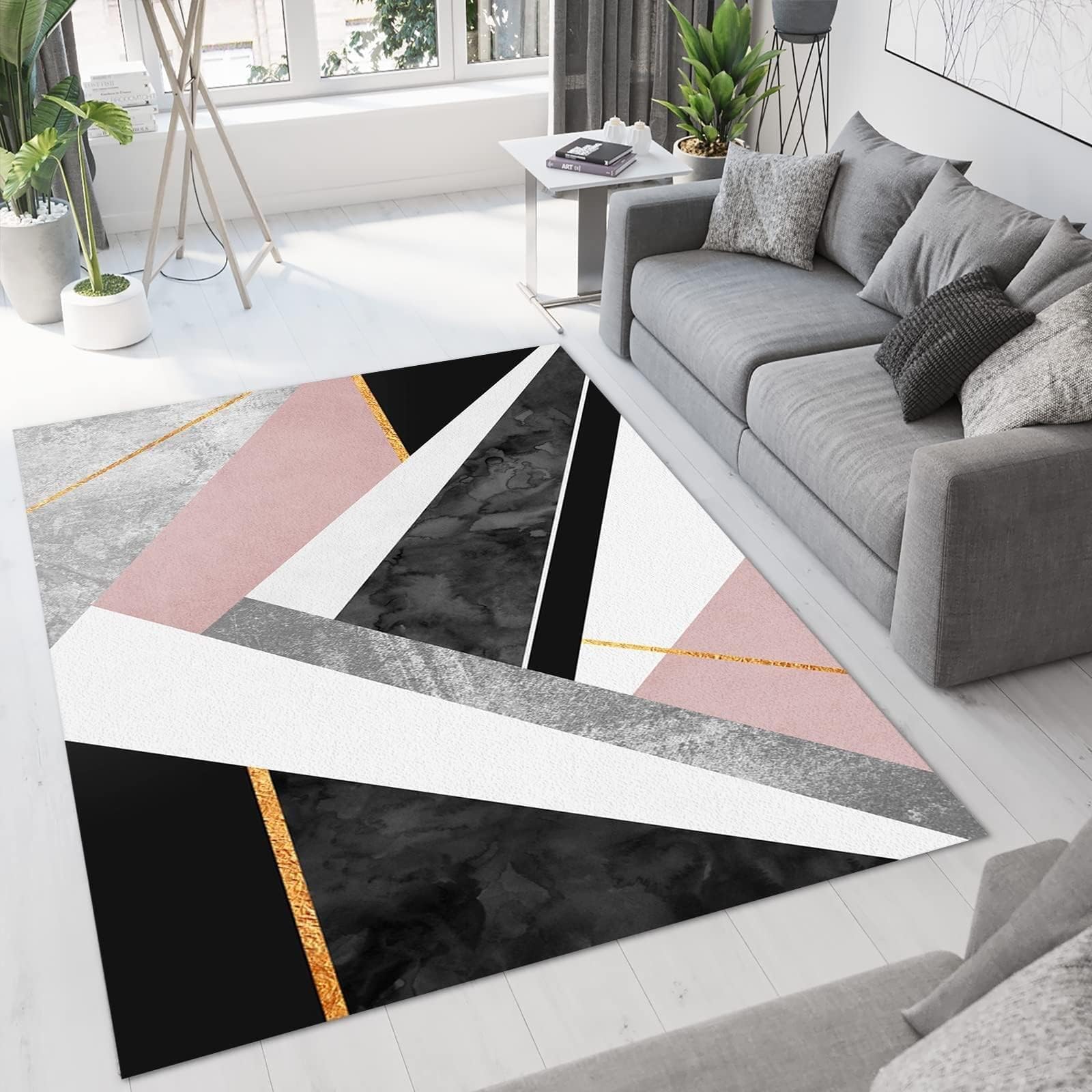 BOWESI Pink Gold Geometric Marble Area Rugs, Grey White Pink Black Marble Living Room Decor Rug, Fluffy Soft Washable Breathable Durable for Hotel Home Decor Entrance Hall Yoga Room Patio, 3 x 5ft