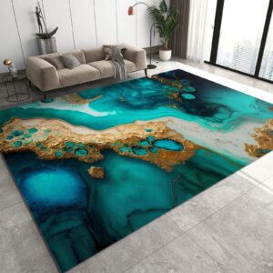 light luxury turquoise jade texture printed area rugs, abstract gold marble minimalist washable rug, soft fluffy large floor carpet for bed room living room dining room kitchen 3x4ft