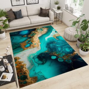 Light Luxury Turquoise Jade Texture Printed Area Rugs, Abstract Gold Marble Minimalist Washable Rug, Soft Fluffy Large Floor Carpet for Bed Room Living Room Dining Room Kitchen 3x4ft