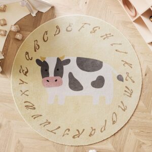 children's abc round rug 3ft cute animal cow fluffy faux wool playroom carpet light yellow children's fun learning alphabet crawling mat for classroom school or living room bedroom kids room