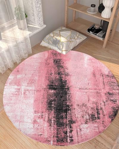 Modern Abstract Fluffy Round Area Rug Carpets 3ft, Plush Shaggy Carpet Soft Circular Rugs, Non-Slip Fuzzy Accent Floor Mat for Living Room Bedroom Nursery Blush Pink Painted Geometric Graffiti Art