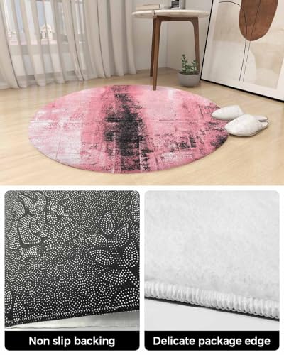 Modern Abstract Fluffy Round Area Rug Carpets 3ft, Plush Shaggy Carpet Soft Circular Rugs, Non-Slip Fuzzy Accent Floor Mat for Living Room Bedroom Nursery Blush Pink Painted Geometric Graffiti Art