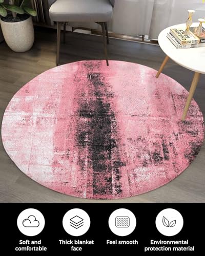 Modern Abstract Fluffy Round Area Rug Carpets 3ft, Plush Shaggy Carpet Soft Circular Rugs, Non-Slip Fuzzy Accent Floor Mat for Living Room Bedroom Nursery Blush Pink Painted Geometric Graffiti Art