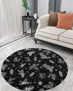 christmas flower fluffy round area rug carpets 3.3ft, plush shaggy carpet soft circular rugs, non-slip fuzzy accent floor mat for living room bedroom nursery decor black white pine tree leaves cone