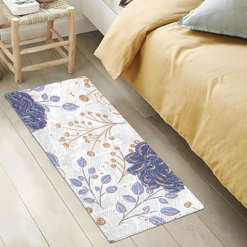 Fluffy Floor Carpet-Blue White Floral,39x20in Front Door Mat Indoor Machine Washable Carpet,Aesthetic Rug