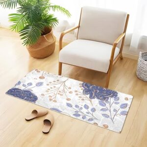 Fluffy Floor Carpet-Blue White Floral,39x20in Front Door Mat Indoor Machine Washable Carpet,Aesthetic Rug