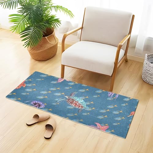 Fluffy Floor Carpet-Turtle Jellyfish Seahorsefish Starfish,39x20in Front Door Mat Indoor Machine Washable Carpet,Aesthetic Rug