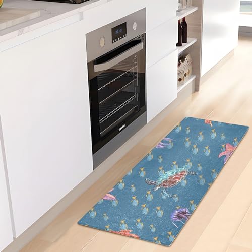 Fluffy Floor Carpet-Turtle Jellyfish Seahorsefish Starfish,39x20in Front Door Mat Indoor Machine Washable Carpet,Aesthetic Rug