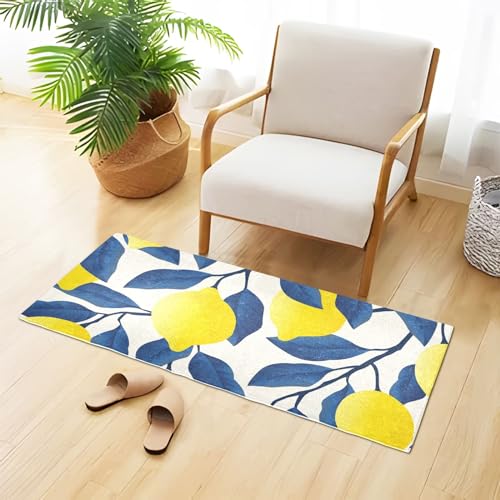 Fluffy Floor Carpet-Tropical Blue Leaf Yellow Lemons，39x20in Front Door Mat Indoor Machine Washable Carpet,Aesthetic Rug