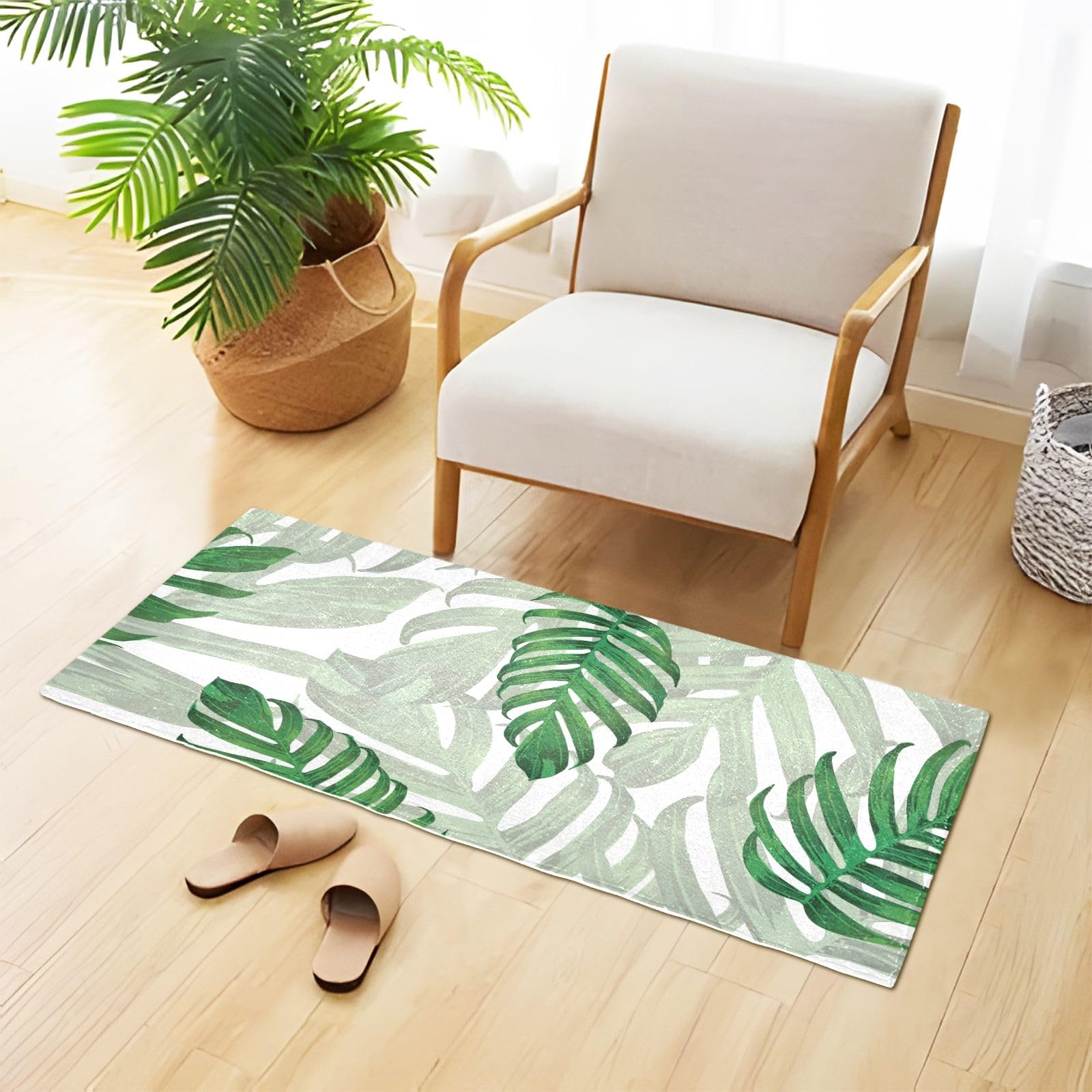 Fluffy Floor Carpet-Palm Monstera Jungle Leaf，39x20in Front Door Mat Indoor Machine Washable Carpet,Aesthetic Rug