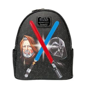 loungefly exclusive star wars darth vader and obi-wan light up lightsabers double strap shoulder bag