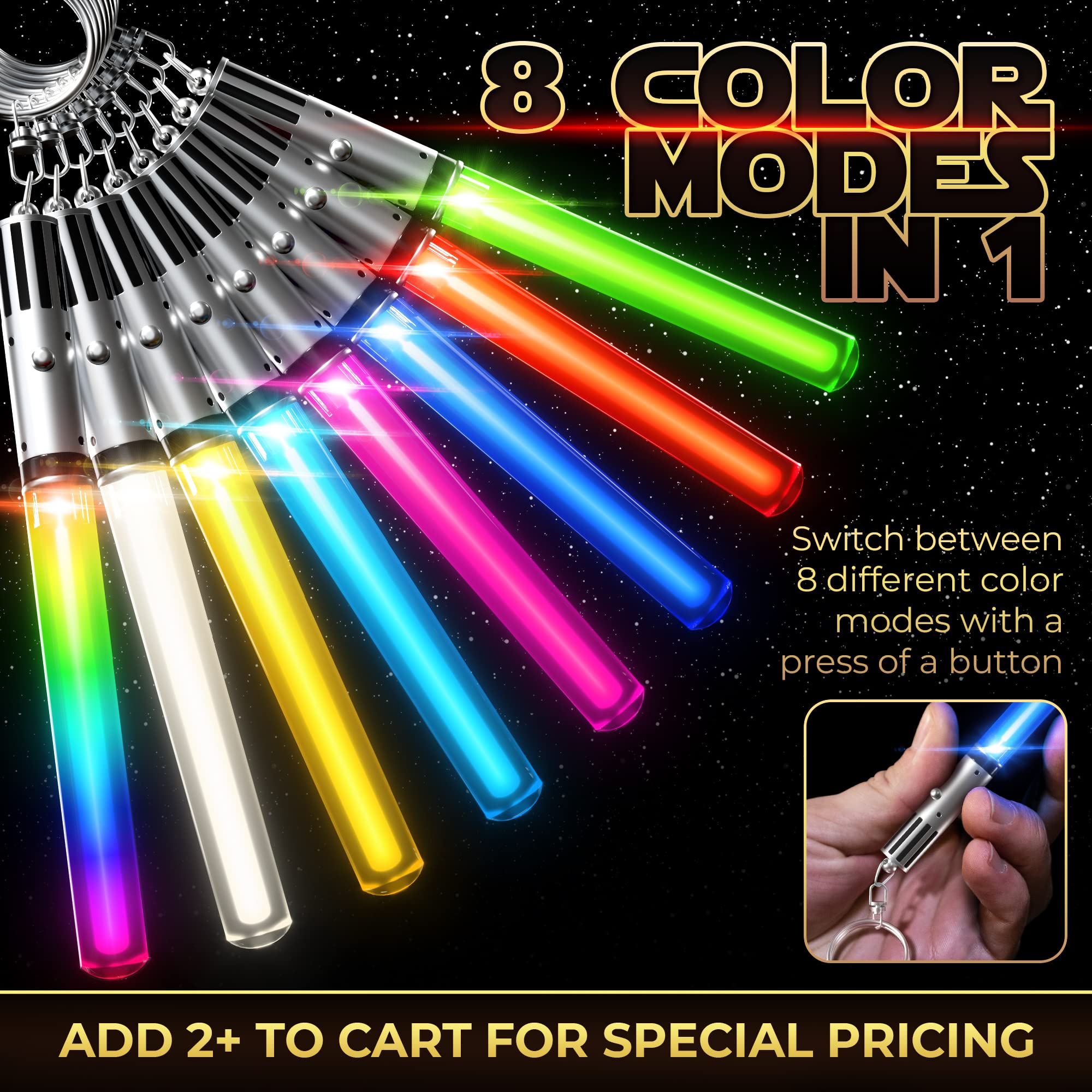 LIGHTSABER KEYCHAIN LIGHT UP LED STAR WARS Glowing Light Saber Key Chain Lightup Sabers 8 COLOR MODES: Green, Blue, Red, Baby Blue, Pink, Yellow, White, Rainbow - 1 PACK