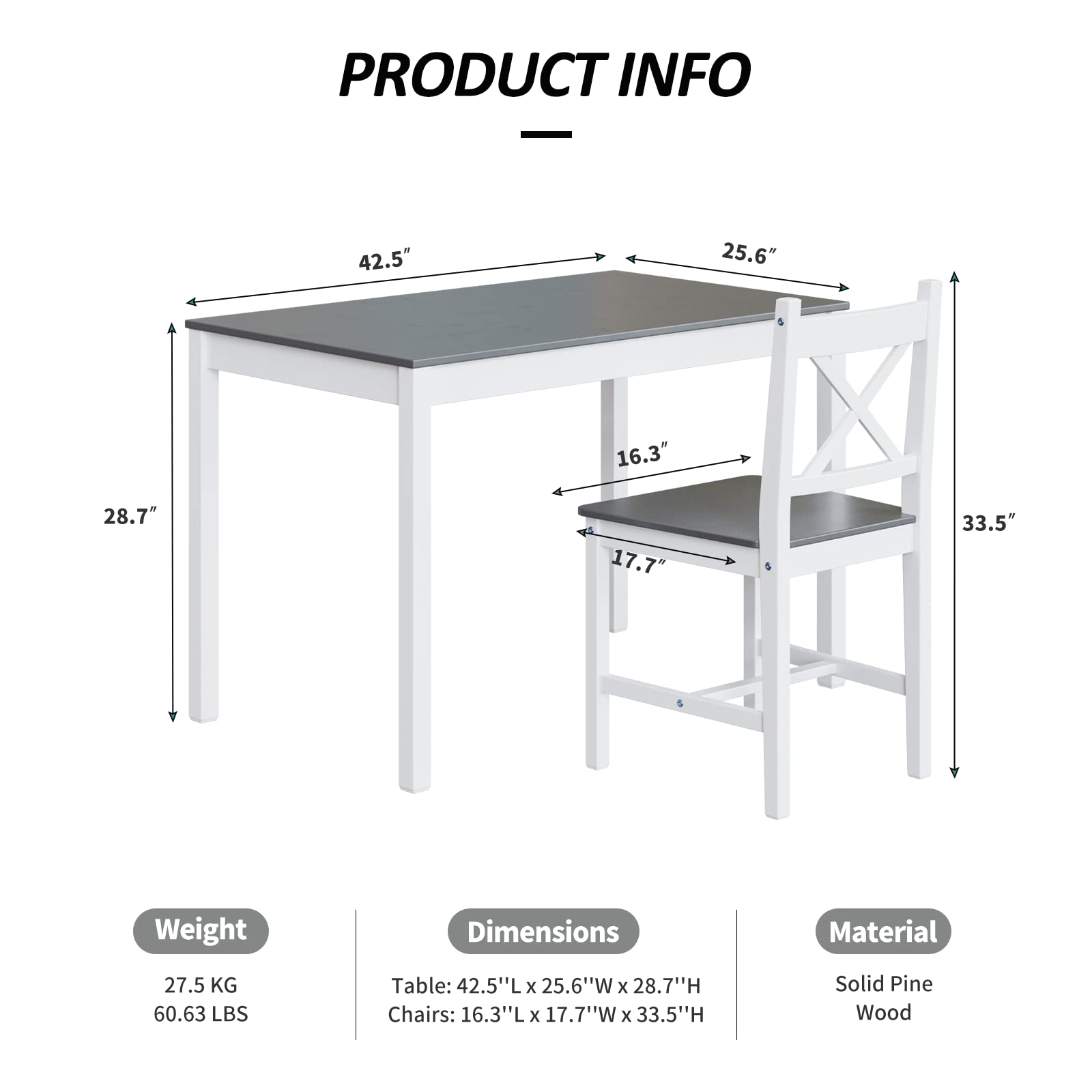 Lumelay 5-Piece Dining Table Set, Kitchen Dinner Breakfast Table and 4 Chairs for 2-4 Person, Dining Room Furniture, Space-Saving Design (Grey)