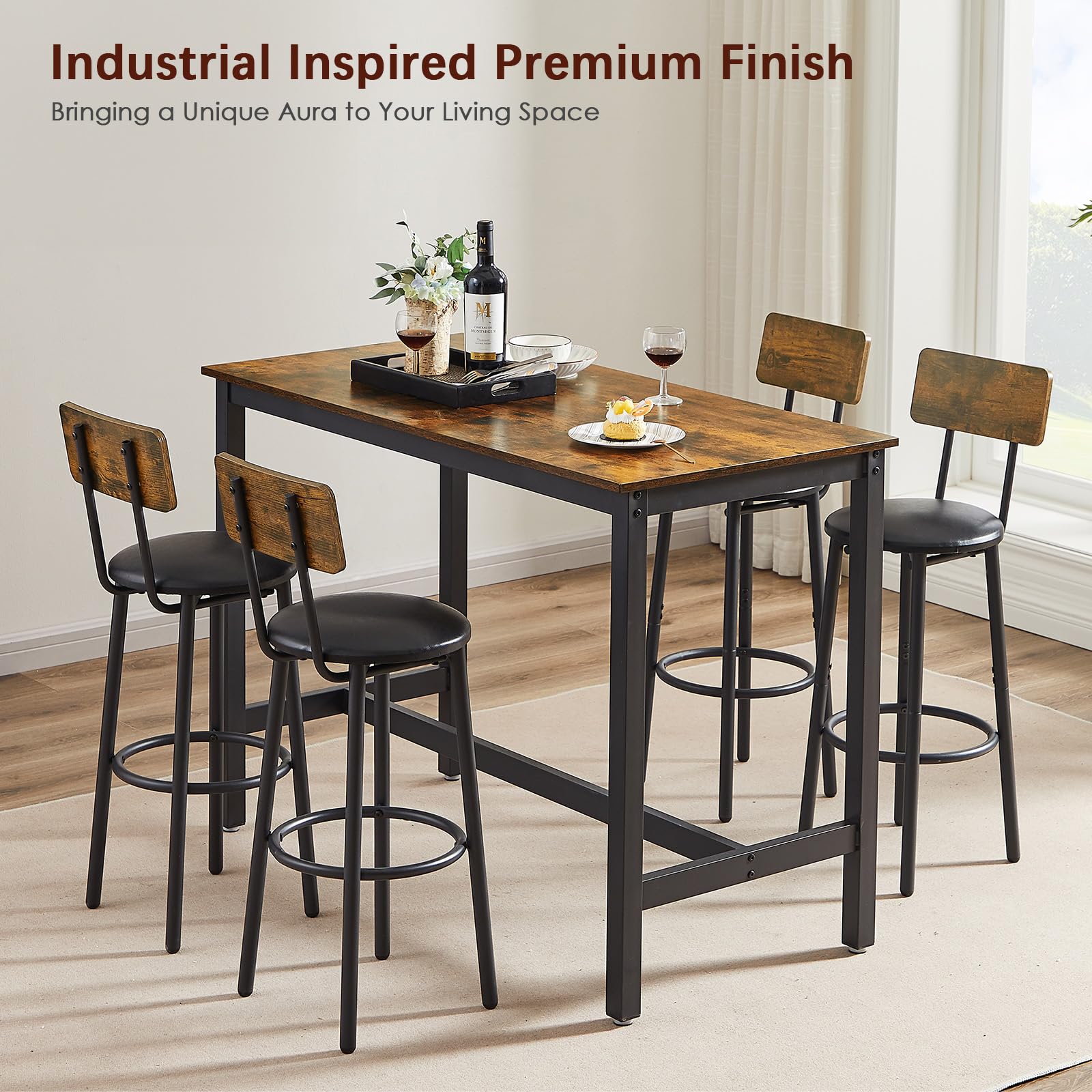 Tatub Bar Table and Chairs Set of 4, Pub Tables Bar Height, Industrial Bar Table with Stools Behind Couch, Breakfast Bar Table Set for Living Room, Kitchen, Dinning Hall, Pu Seat