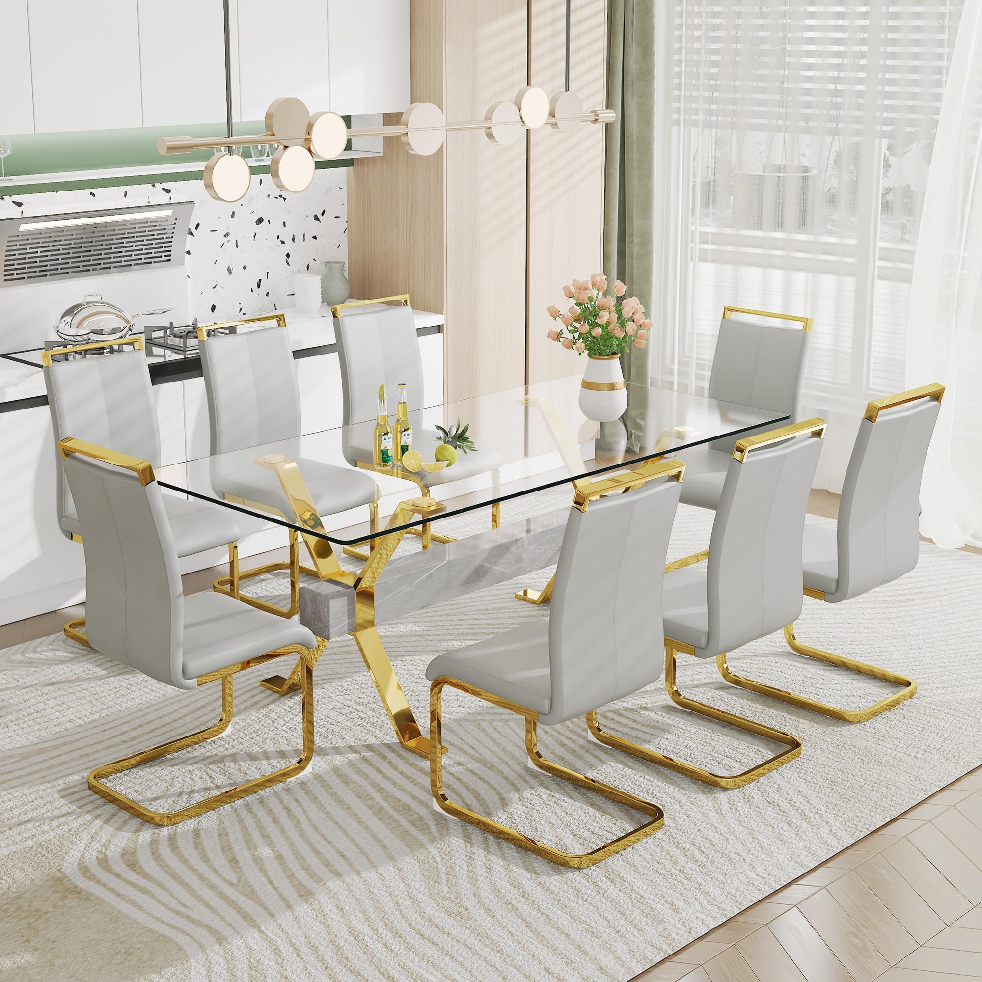 HAIZAO 79 inch Glass Dining Table Set for 8, Tempered Glass Tabletop with Golden Plated Metal Legs & Grey MDF Crossbars, PU Faux Leather Chairs with Golden Metal Legs, for Kitchen, Light Grey