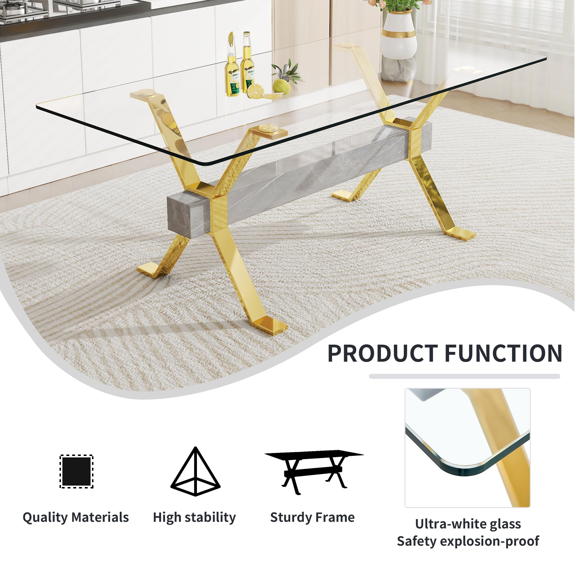 HAIZAO 79 inch Glass Dining Table Set for 8, Tempered Glass Tabletop with Golden Plated Metal Legs & Grey MDF Crossbars, PU Faux Leather Chairs with Golden Metal Legs, for Kitchen, Light Grey