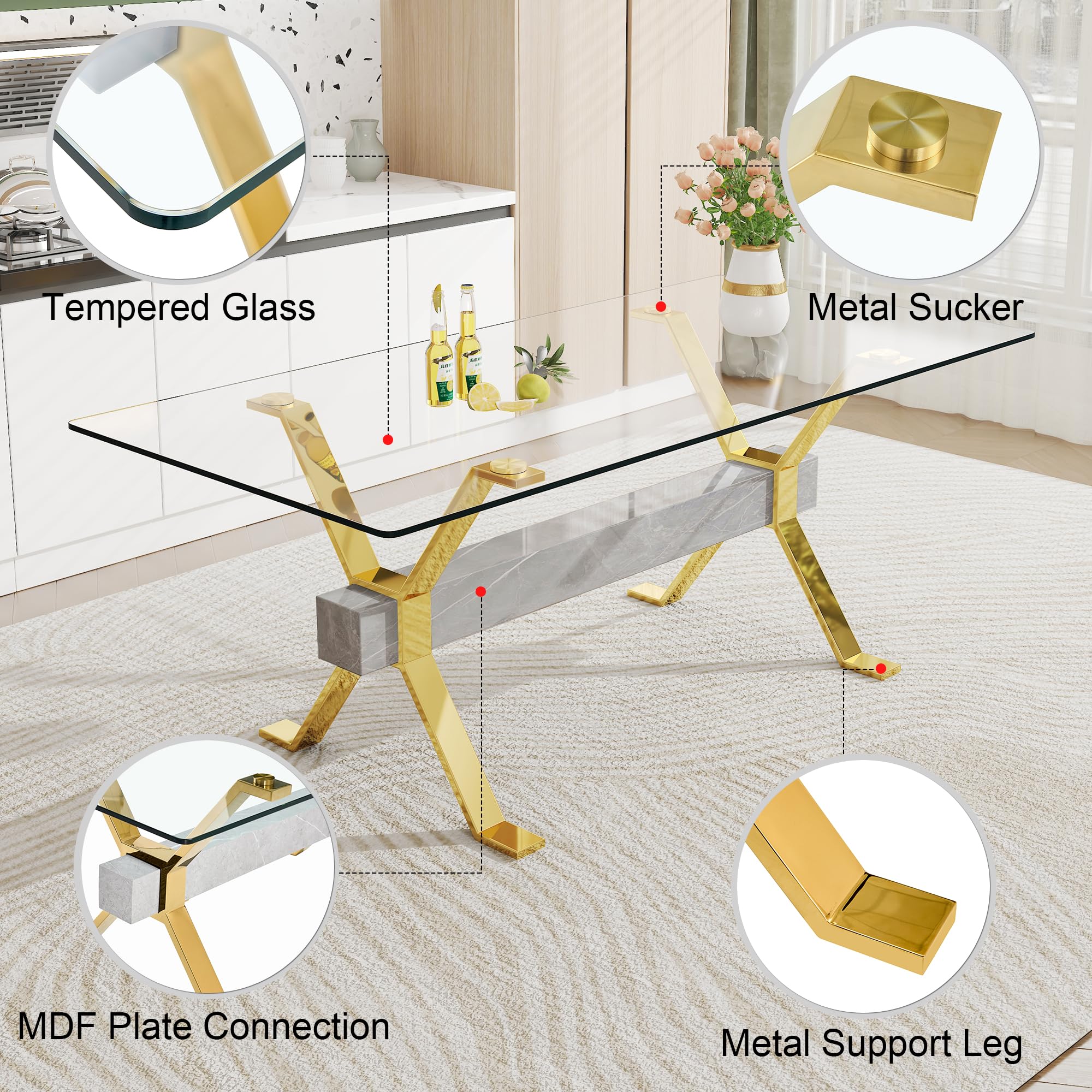 HAIZAO 79 inch Glass Dining Table Set for 8, Tempered Glass Tabletop with Golden Plated Metal Legs & Grey MDF Crossbars, PU Faux Leather Chairs with Golden Metal Legs, for Kitchen, Light Grey